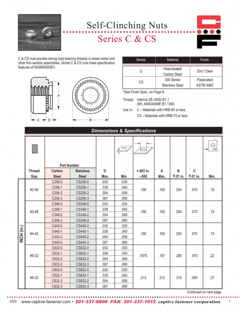 C and CS captive nuts technical document page 1