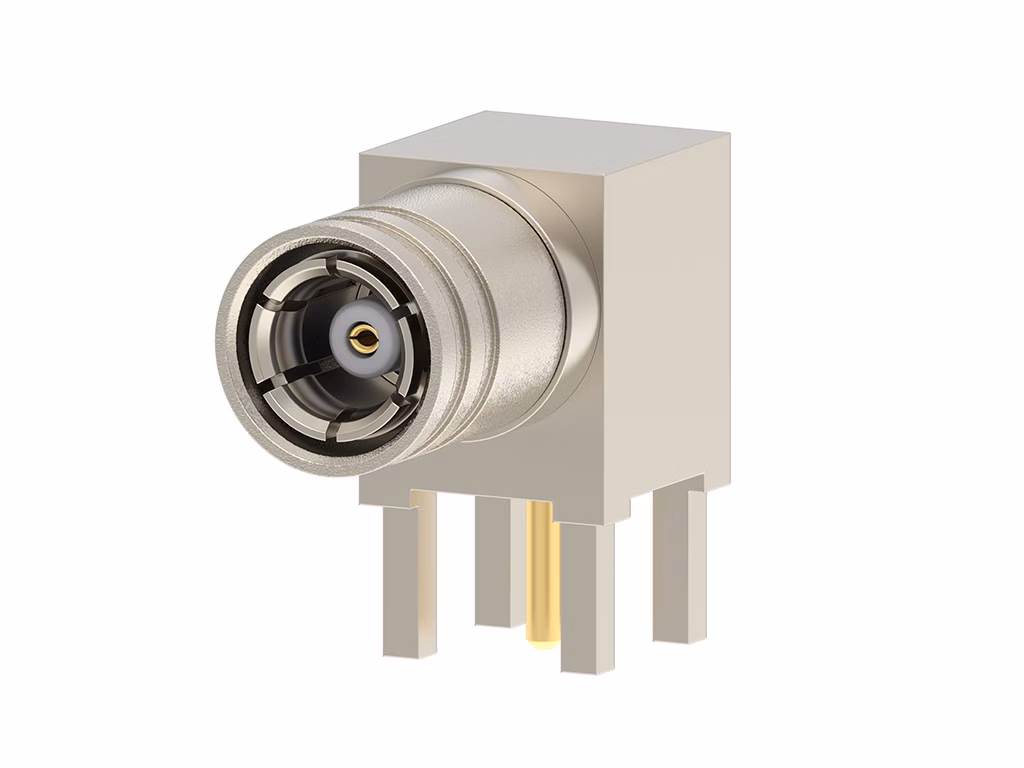 SMB Jack, Right-Angle, Bulkhead Receptacle, PCB, Through Hole, Brass Body, Gold (Au) Plated, Nut and Lockwasher Included, Tray, 75 Ohms