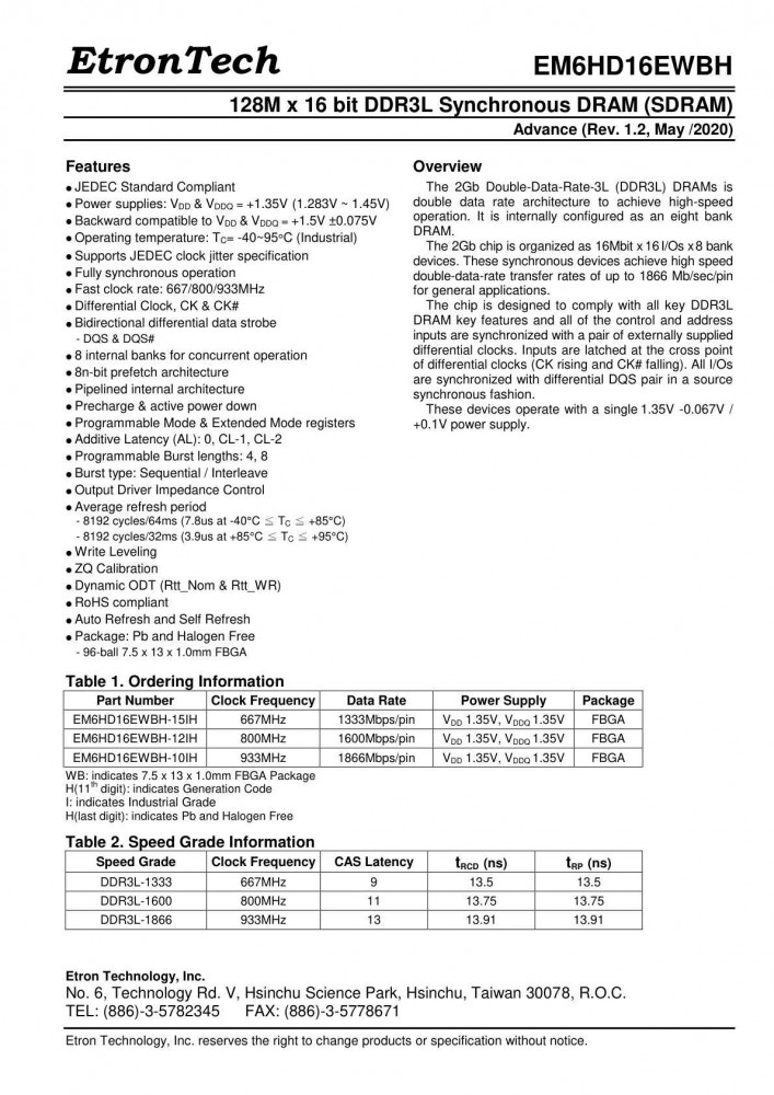 Etron DDR3L datasheet page 1