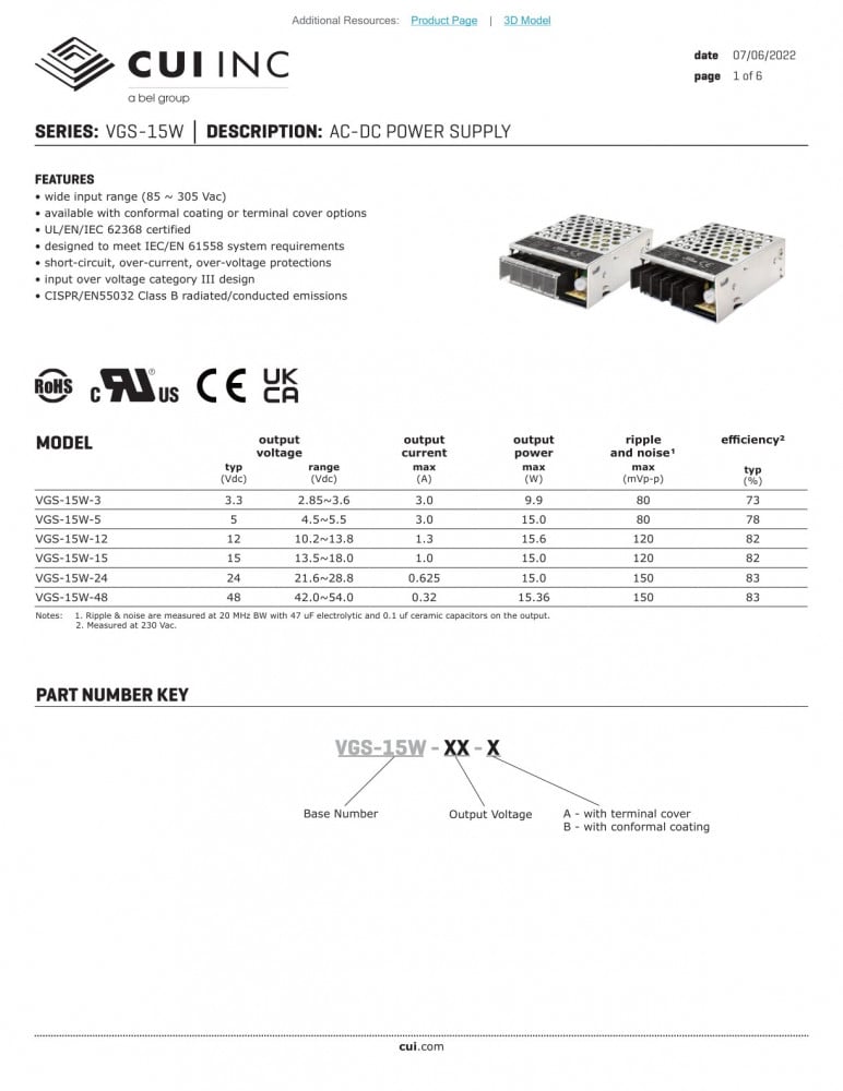CUI VGS-15W series datasheet page 1