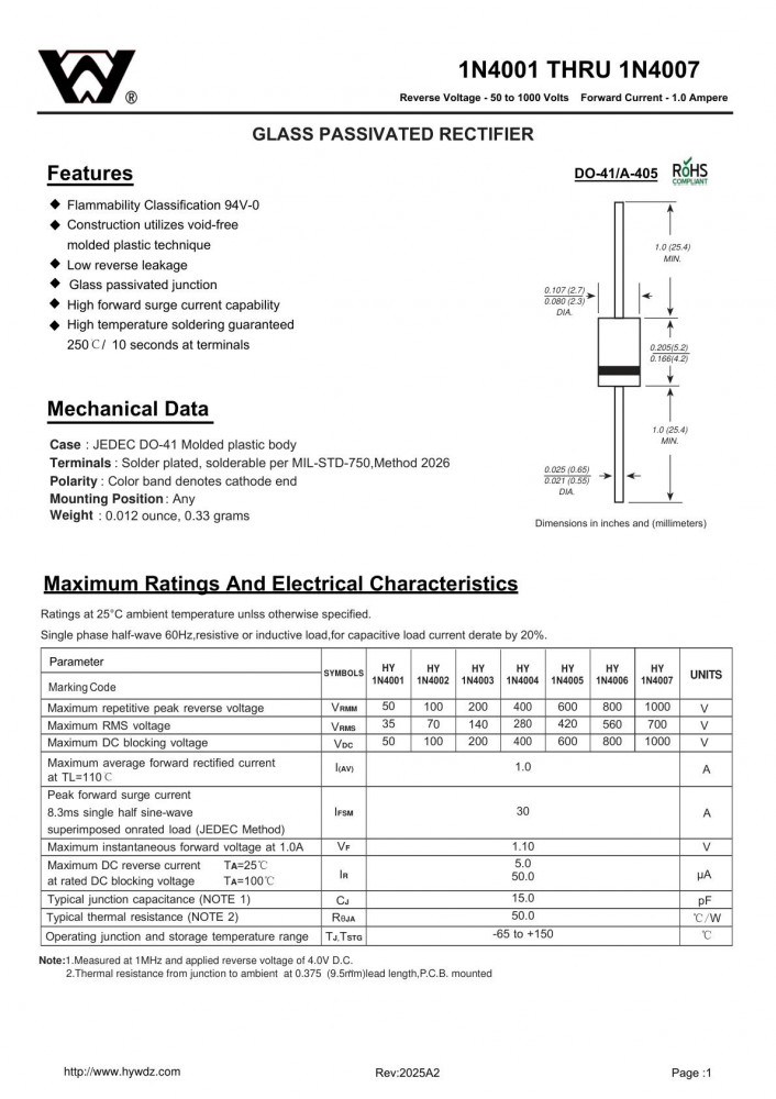 1N4007 datasheet page 1