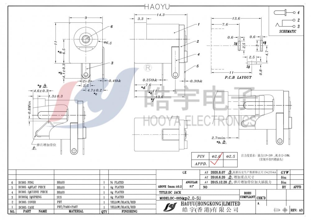 HOOYA DC-005Q-2.0-SU technical drawing and bill of materials