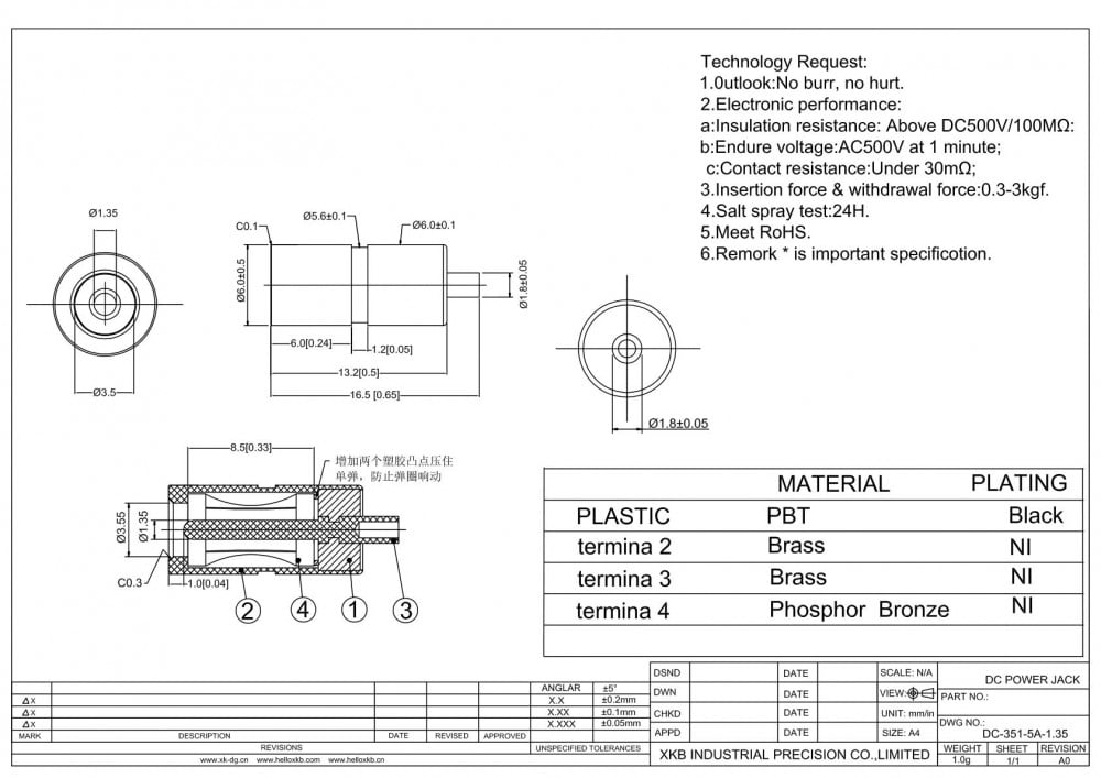 XKB Connection DC-351-5A-1.35 technical drawing preview