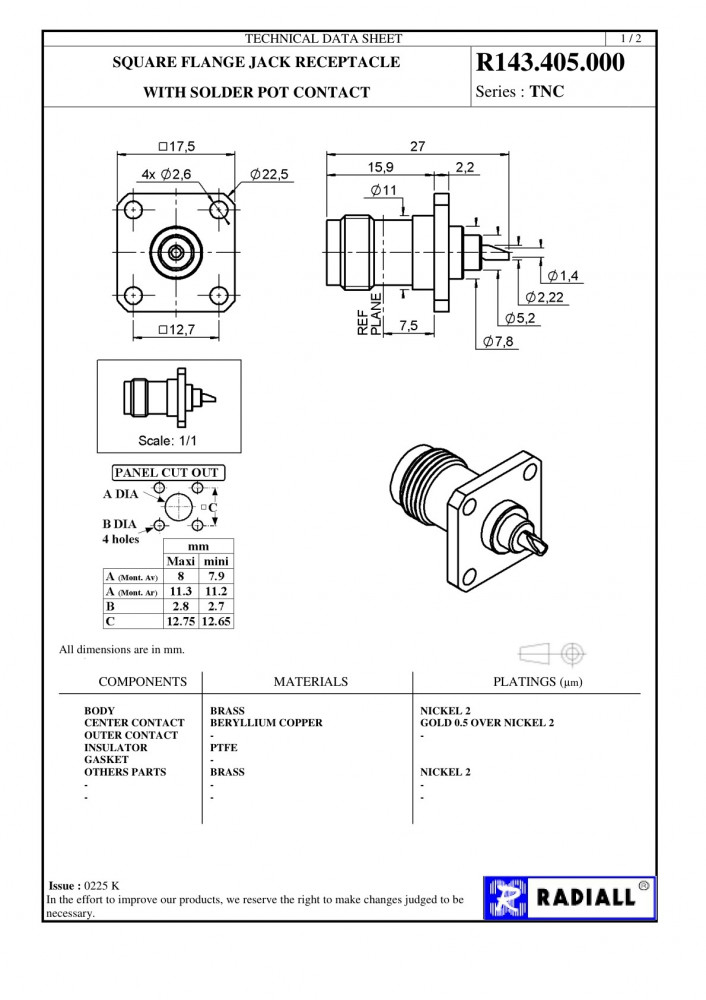 Radiall R143405000 technical data sheet, page 1
