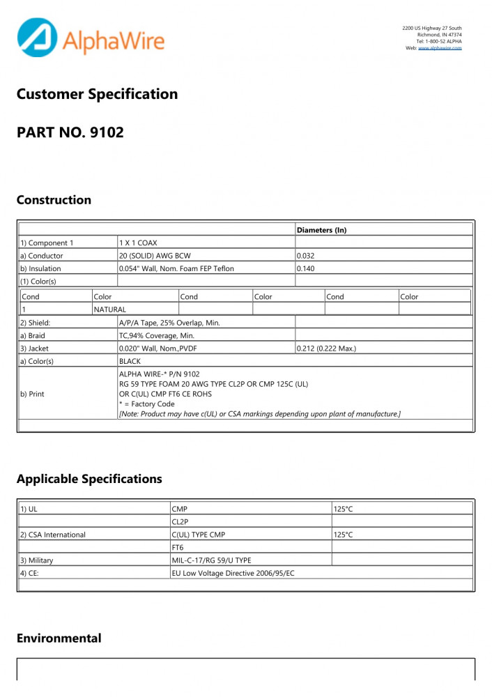 Alpha Wire 9102 technical specification page 1