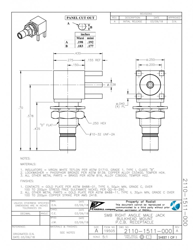 Radiall 2110-1511-000 mechanical drawing and material finish notes