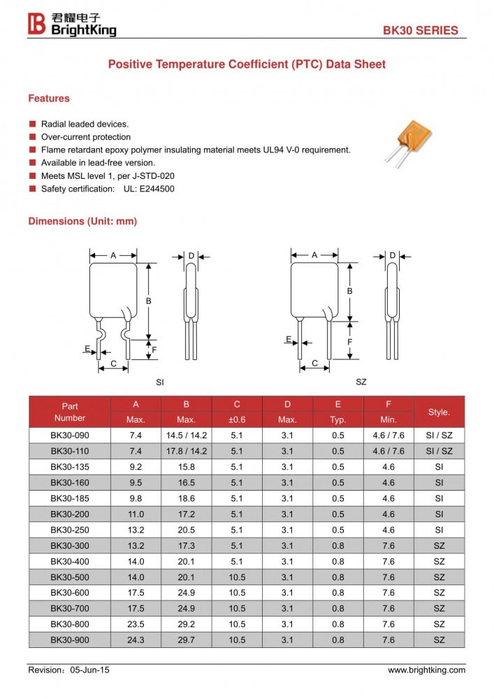 Brightking BK30 PTC datasheet page 1
