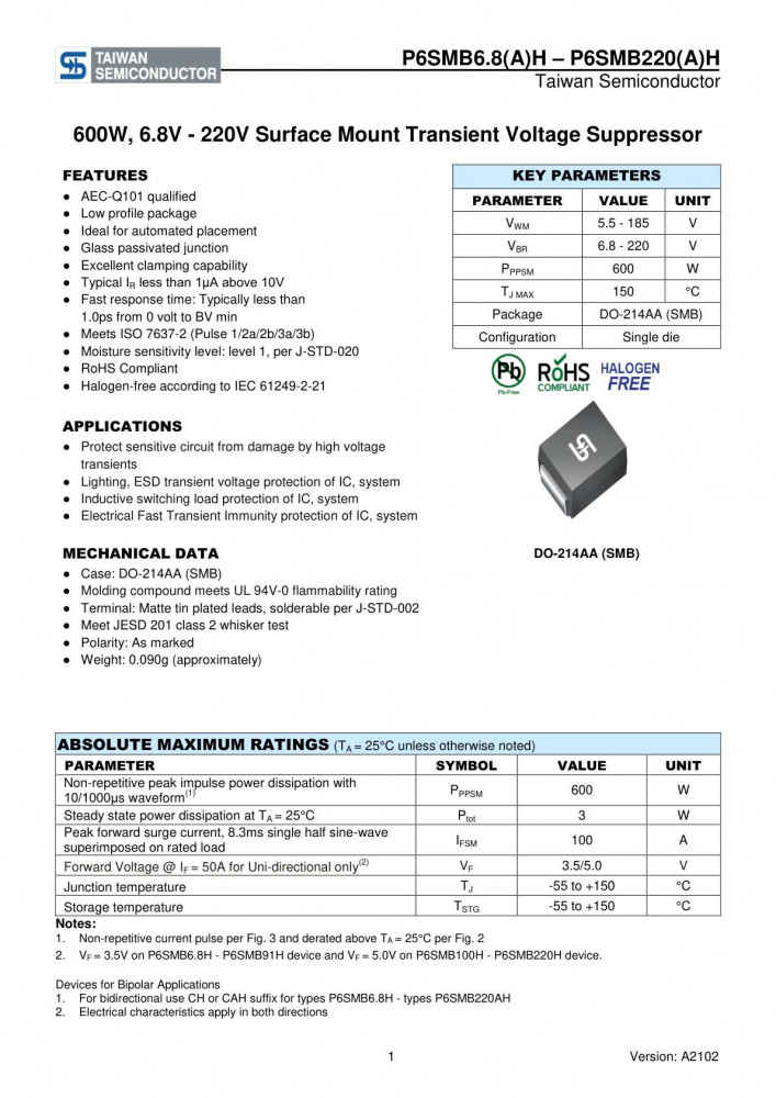 Taiwan Semiconductor P6SMB series datasheet page 1
