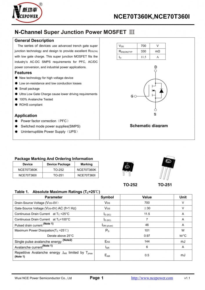 NCE70T360K datasheet page 1