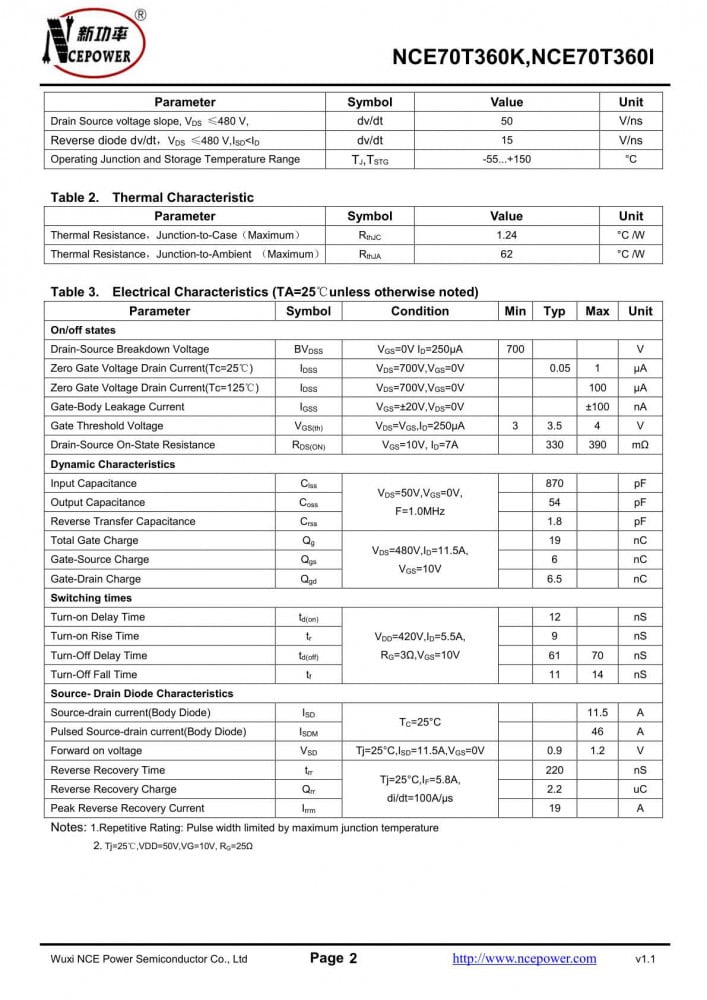 NCE70T360K datasheet page 2