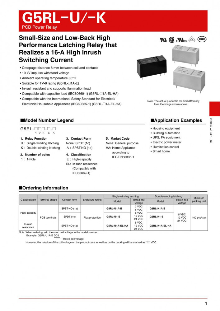 OMRON G5RL relay datasheet page 1