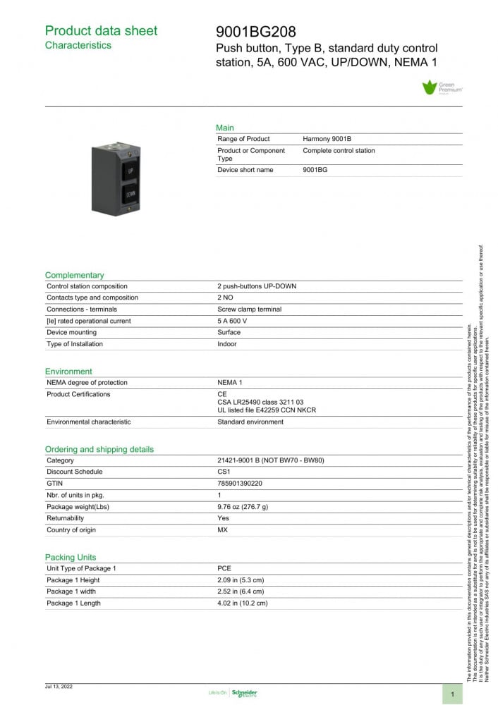 9001BG208 technical document page 1