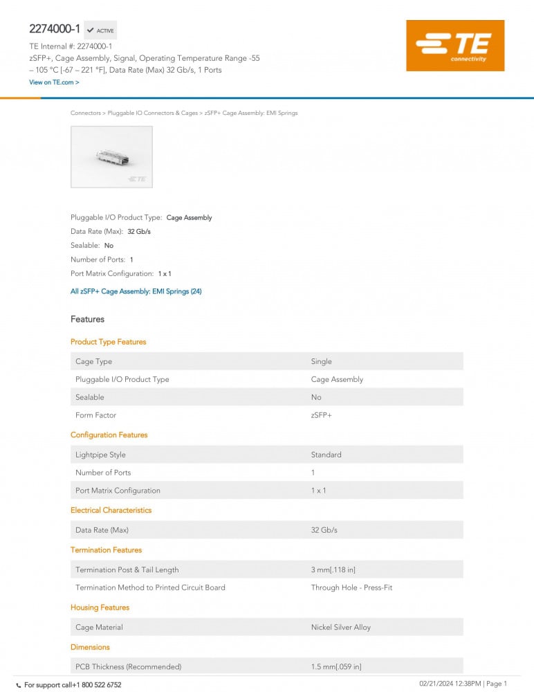 TE Connectivity 2274000-1 technical drawing page 1