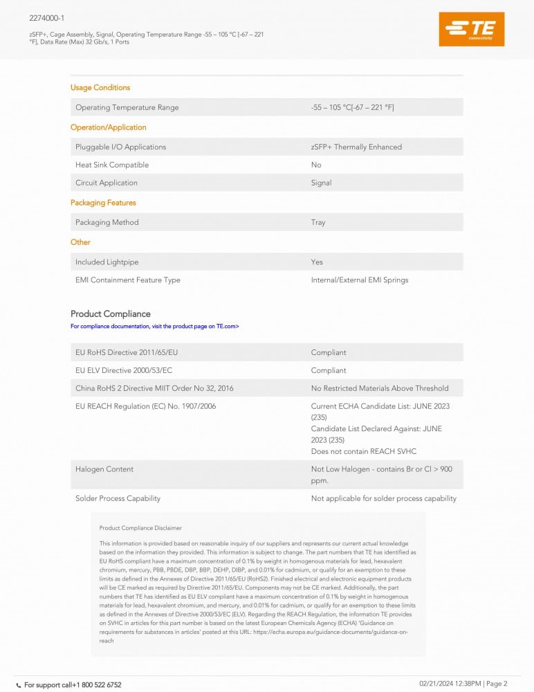 TE Connectivity 2274000-1 technical drawing page 2