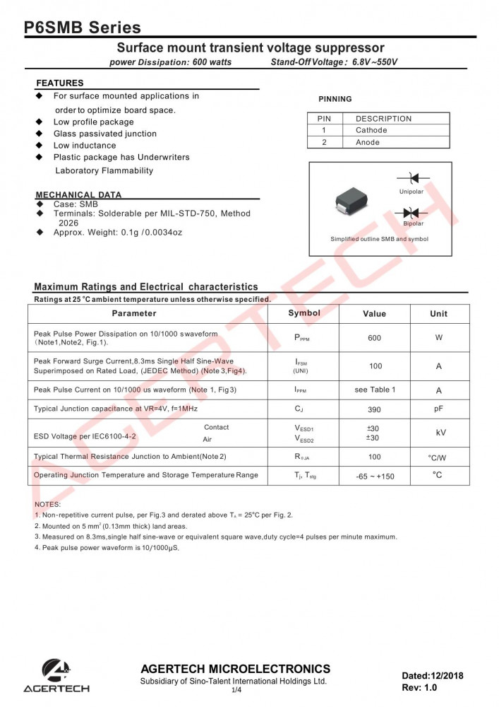 P6SMB6.8CA datasheet page 1
