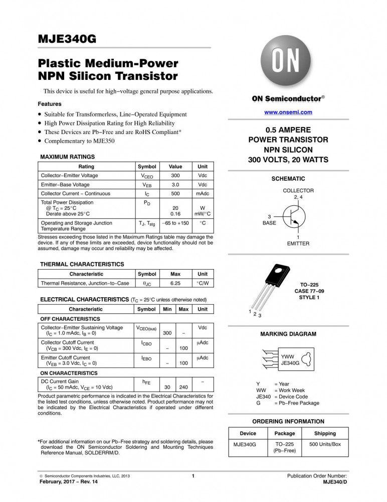 MJE340G datasheet page 1