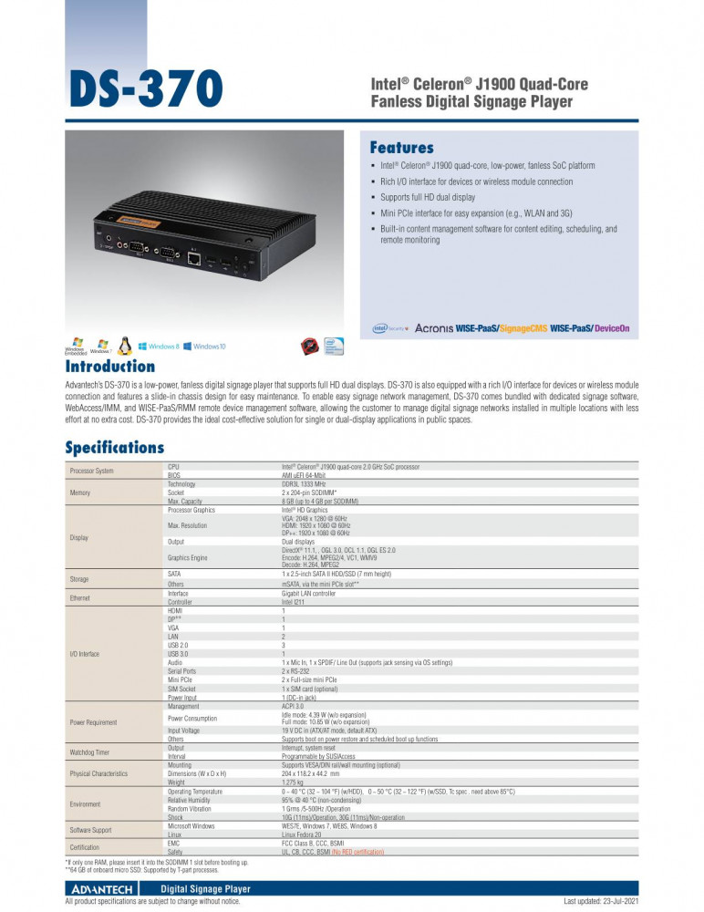 ADVANTECH DS-370 technical document page 1