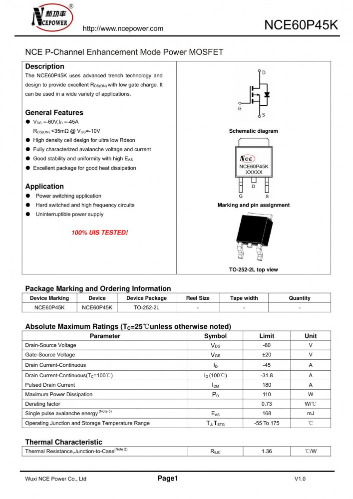 NCE60P45K datasheet page 1
