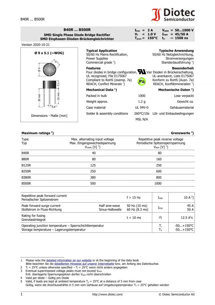 DIOTEC B380R datasheet page 1