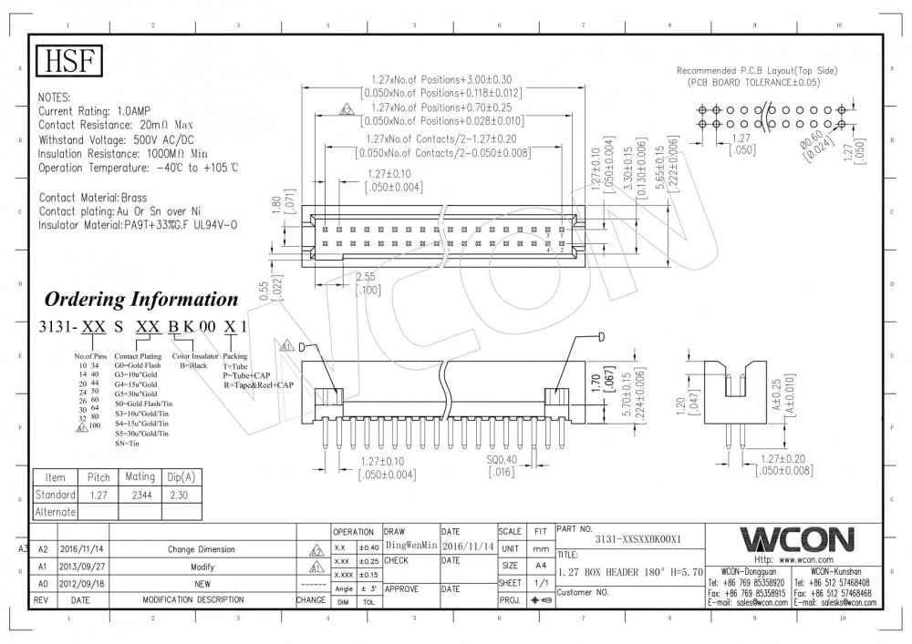 Wcon 3131 series 1.27 mm box header drawing