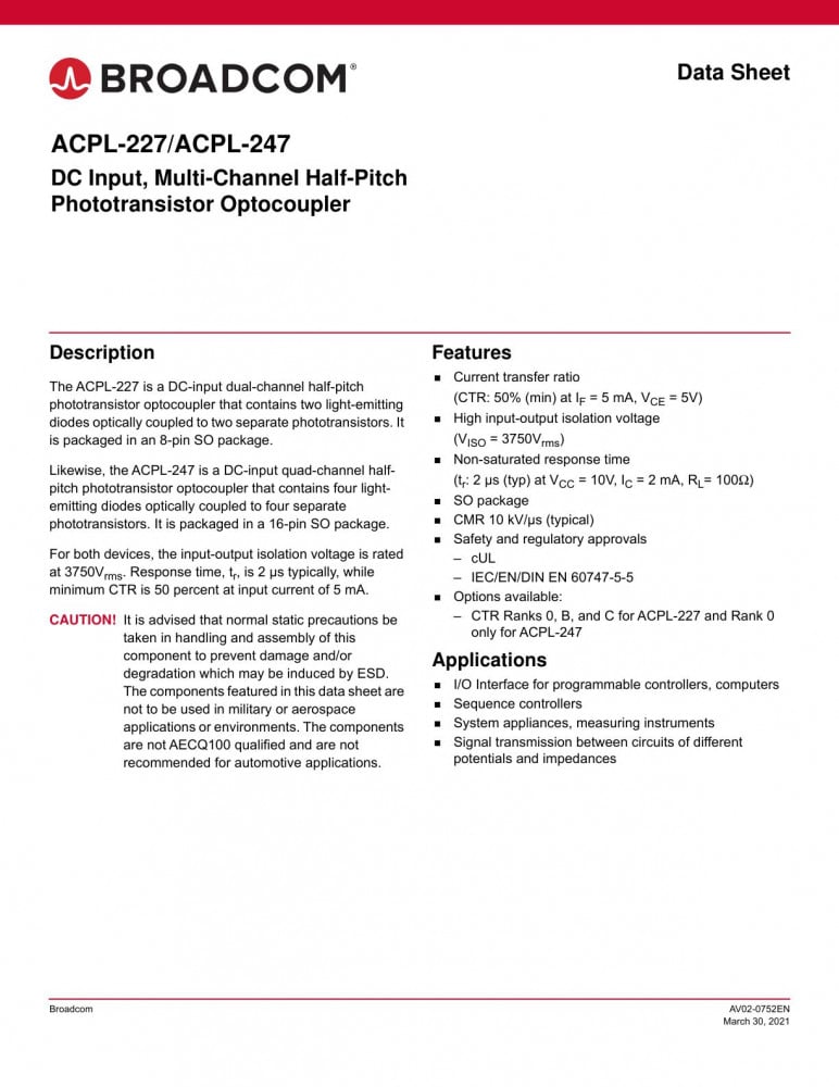 ACPL-227 and ACPL-247 datasheet page 1