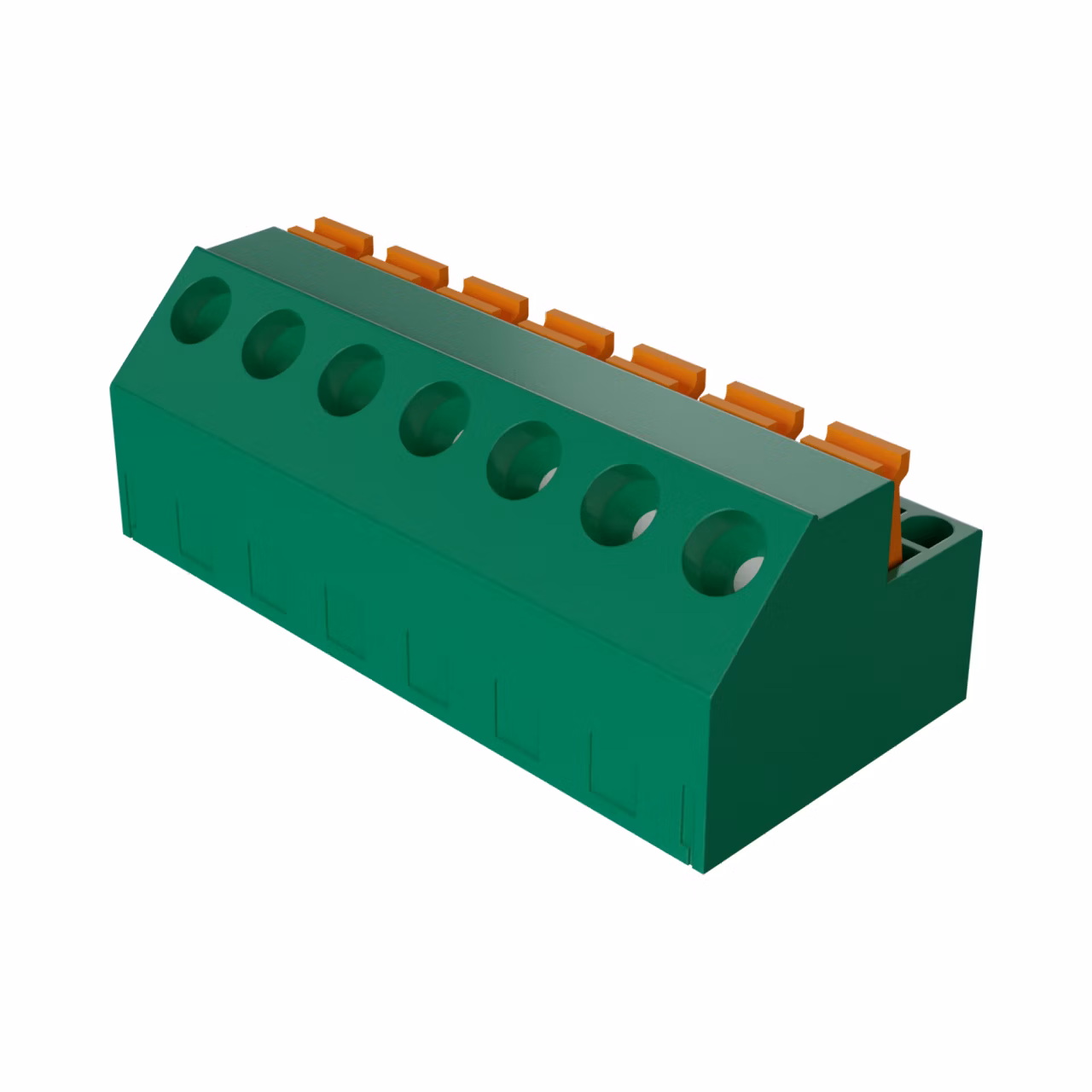 5.08mm Pitch, Eurostyle Fixed-Mount Push-Button Terminal Block, 45° Standard, 8A, 22-16 AWG, Green, 7 Circuits for sale