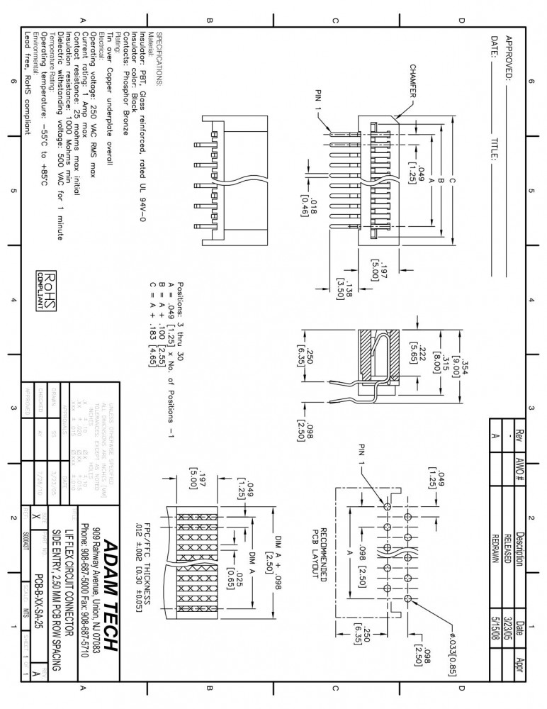 ADAM TECH LIF flex circuit connector side-entry drawing reference