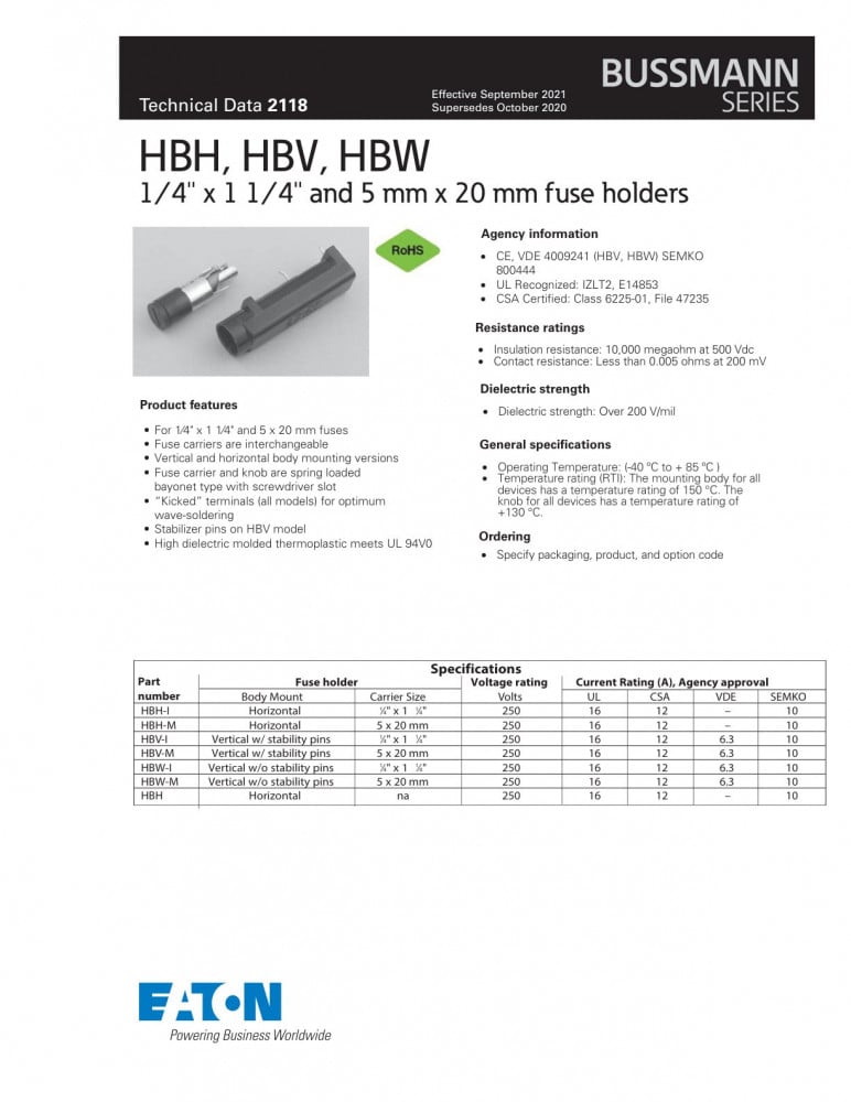 EATON HBH HBV HBW fuse holder technical document page 1
