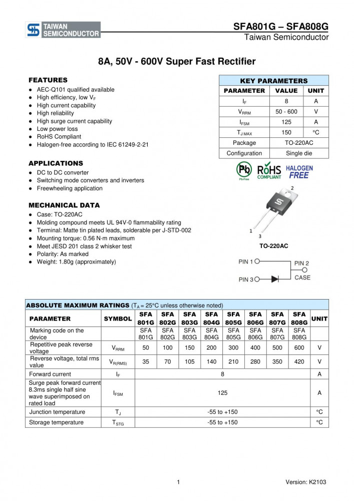 SFA803G technical document page 1