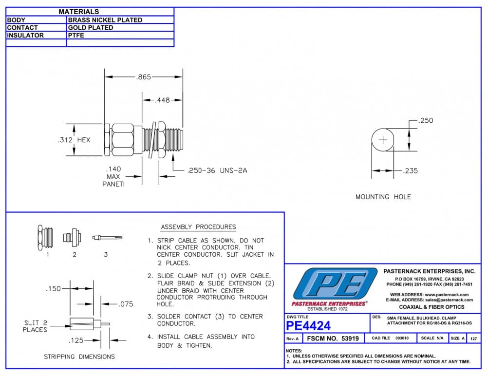 PASTERNACK PE4424 technical drawing and assembly procedure