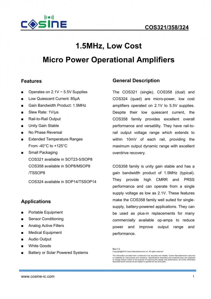 COS358TR datasheet page 1