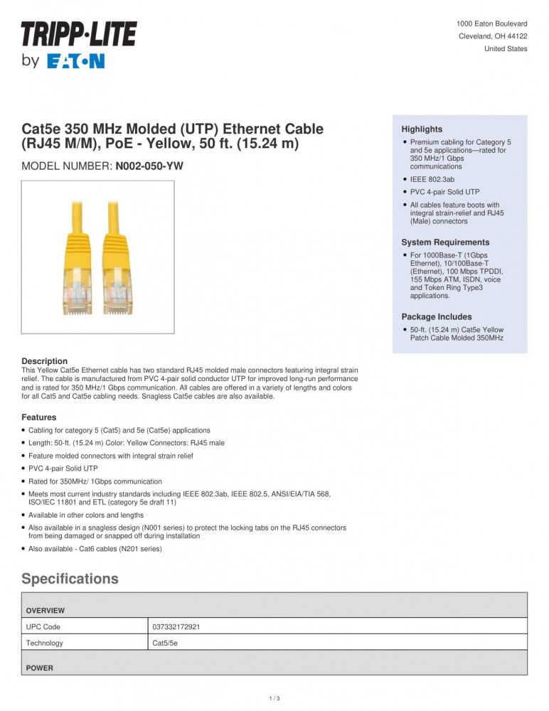 EATON N002-050-YW technical document page 1