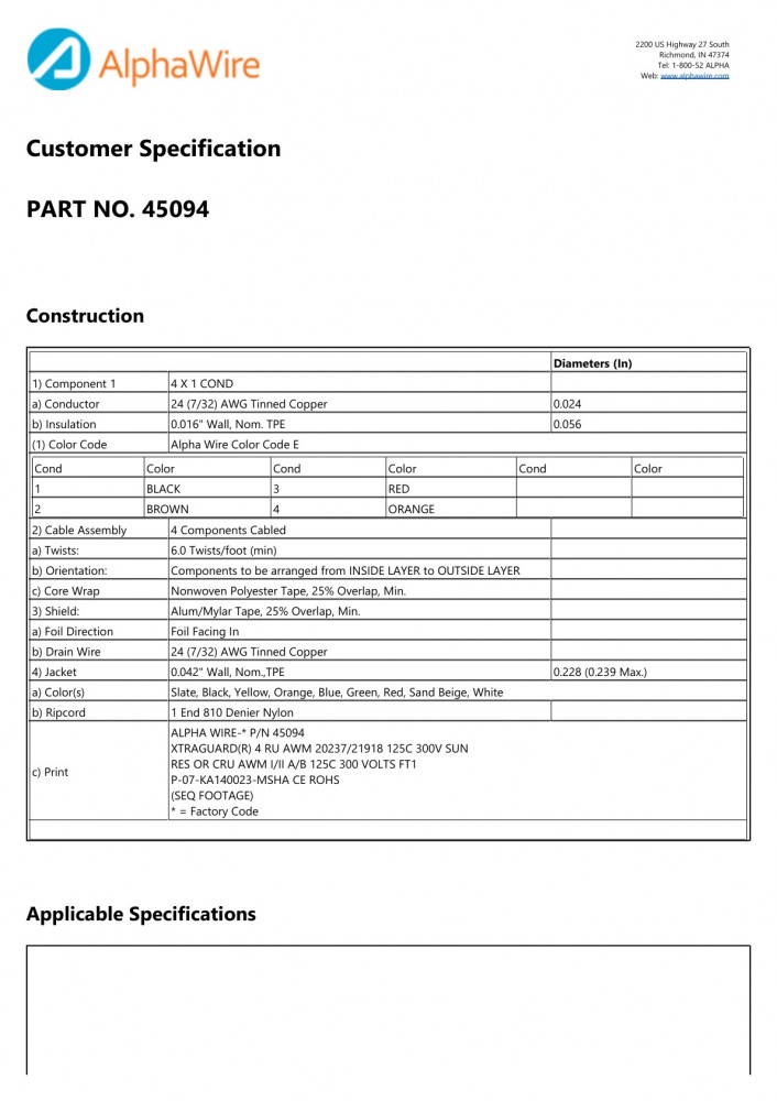 Alpha Wire 45094 BK005 technical document page 1
