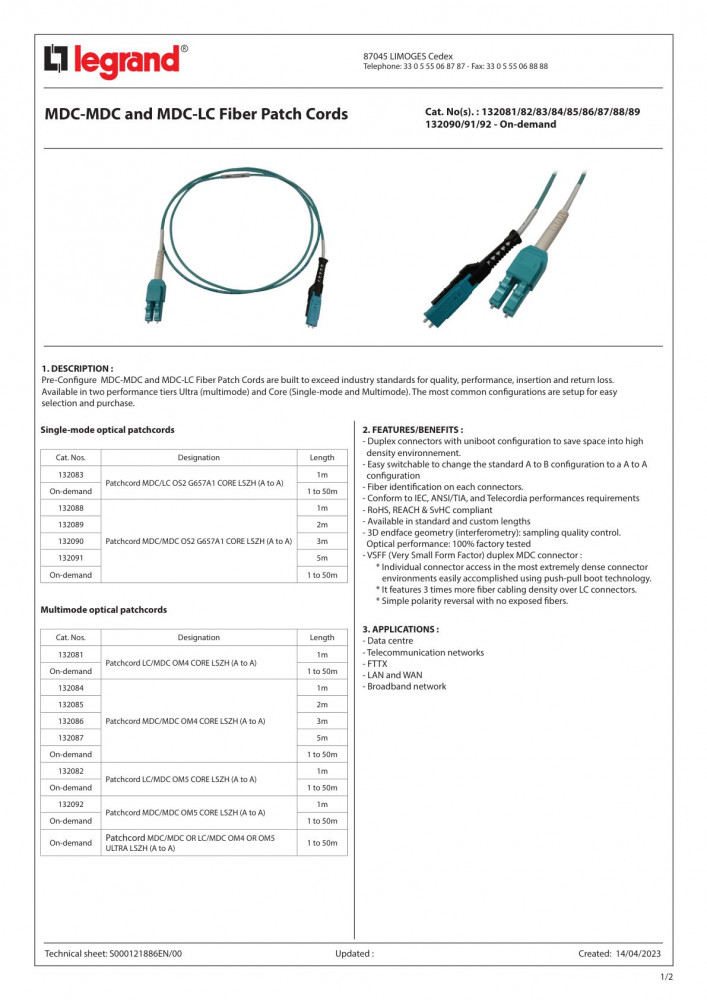 Legrand fiber patch cord technical document, page 1