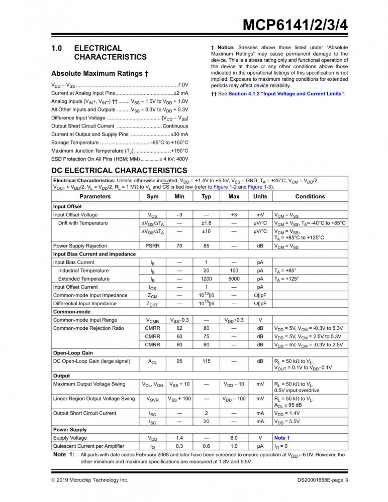 MCP6142 datasheet page 3