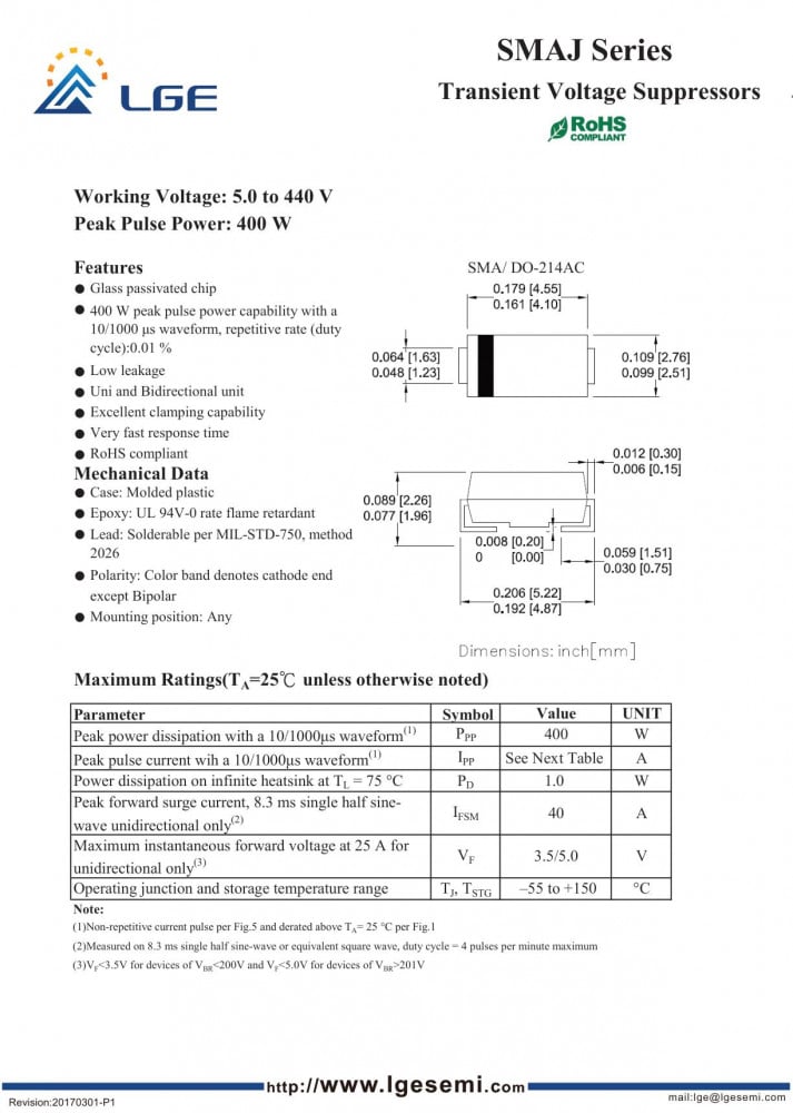 LGE SMAJ series datasheet page 1