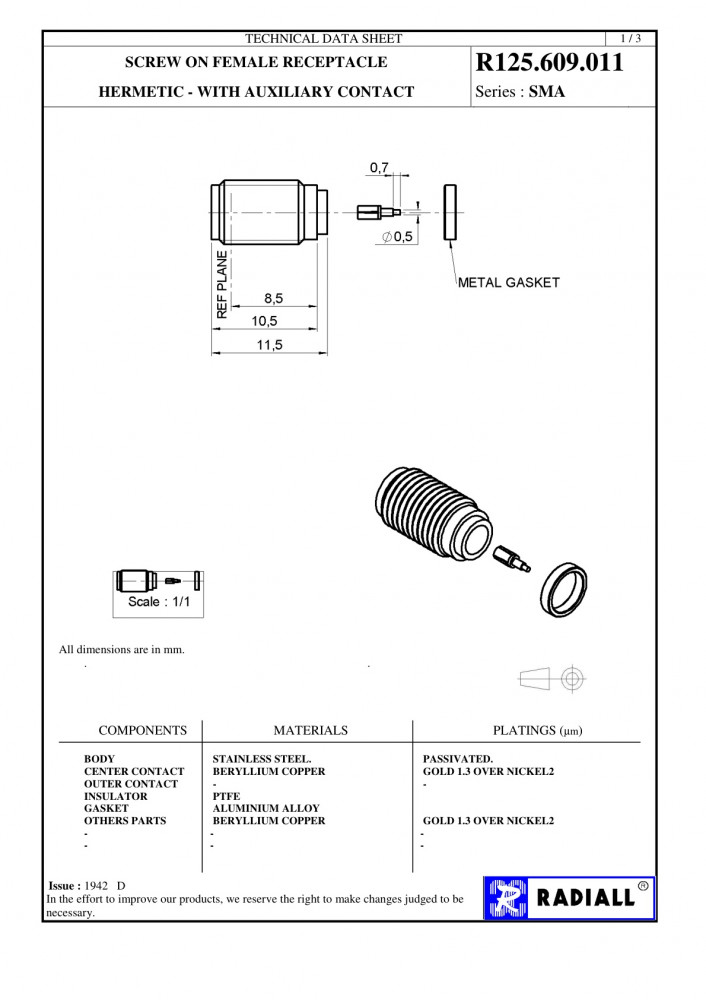 Radiall R125609011 technical datasheet page 1
