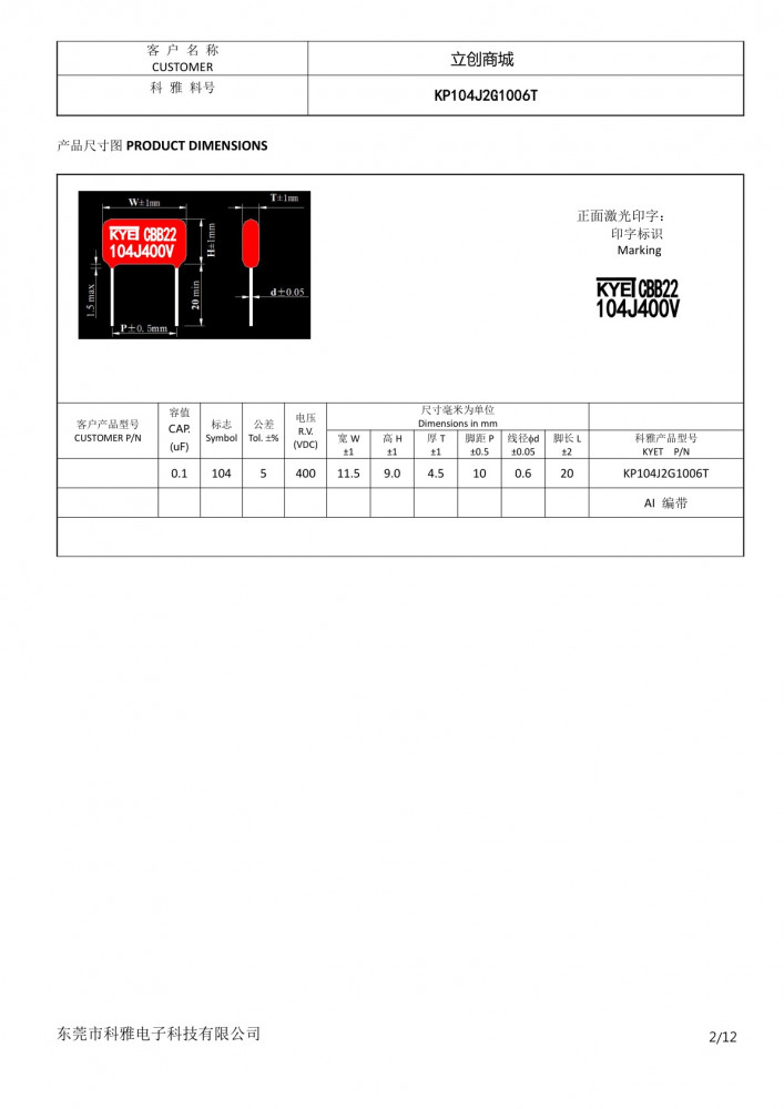 KYET KP104J2G1006T specification page 2