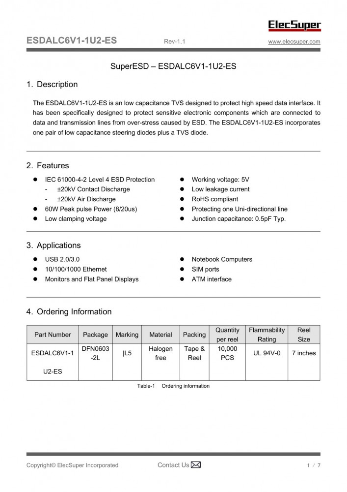 ESDALC6V1-1U2-ES datasheet page 1