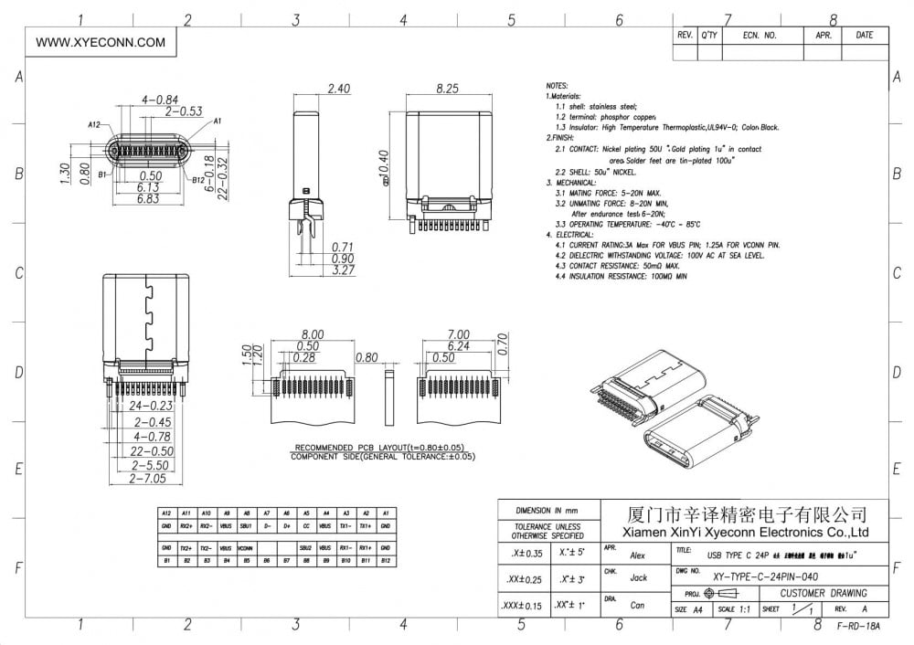 XY-TYPE-C-24PIN-040 technical document page