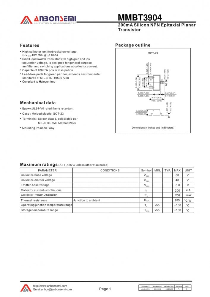 MMBT3904 datasheet page 1