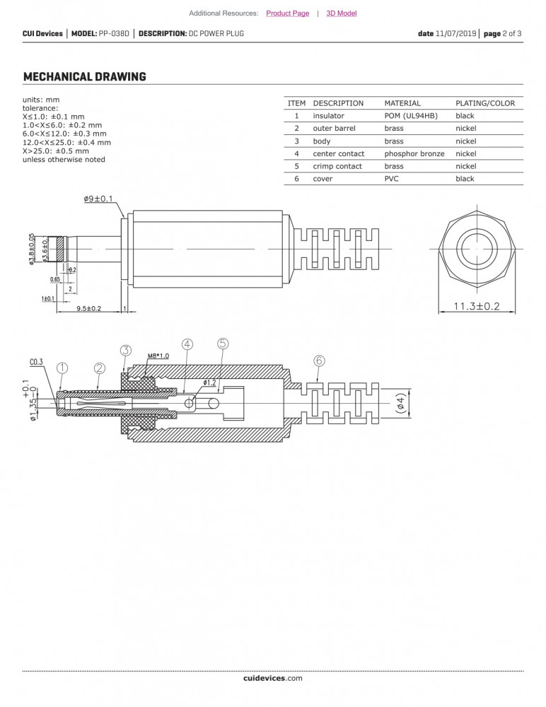 CUI PP-038D product document page 2