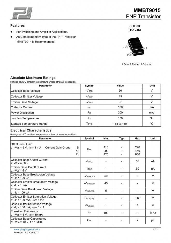 MMBT9015C datasheet page 1