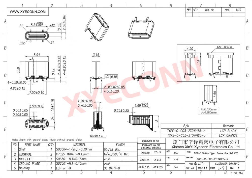 TYPE-C-C03-2TDWH65-H mechanical drawing page