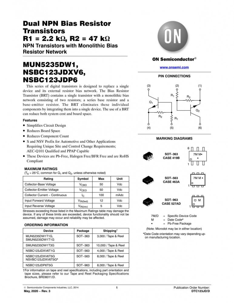 NSBC123JDXV6T1G datasheet page 1