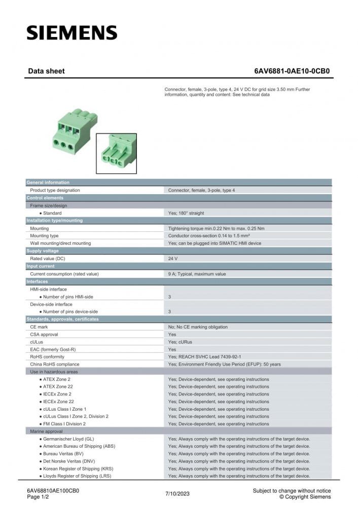6AV68810AE100CB0 datasheet page 1