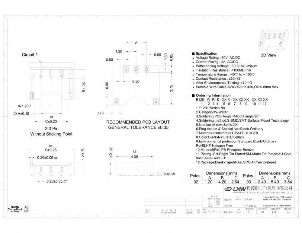 LXWCONN E1201WRS-02-4TBKHF-PBAU technical drawing
