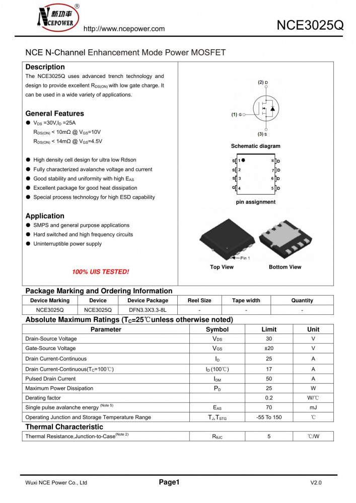 NCE3025Q datasheet page 1