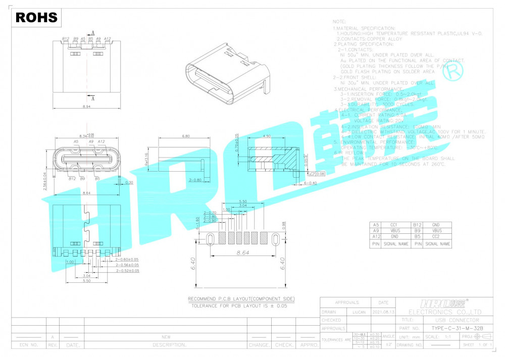Korean Hroparts Elec TYPE-C-31-M-32B USB connector drawing