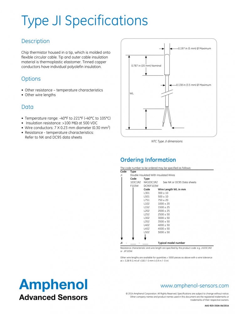 Amphenol Thermometrics Type JI documentation page 2